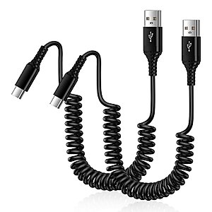 USB A to USB Type C Cable Fast Charger Cord for Car Android Auto, 2Pack 3FT Short Retractable Coiled USB C Cable Fast Charging Cord for Samsung Galaxy A54 5G/A24/A34/A23/A14/S23 S22 Ultra/A13/A53/A03S