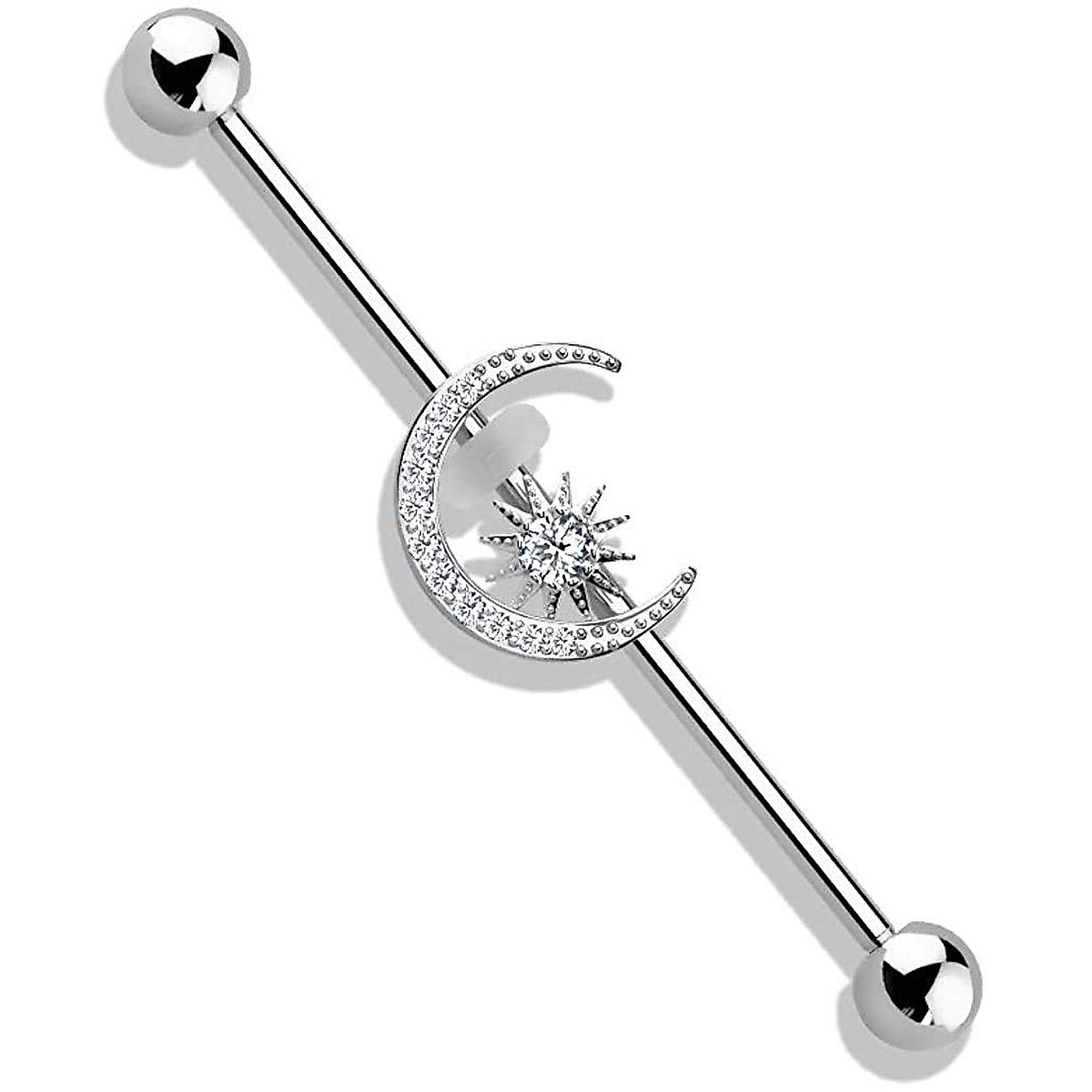 CZ Paved Moon with CZ Center Star 316L Surgical Steel Industrial Barbell (Clear)