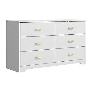 Modern 6 Drawer Wood Dresser, Wood Lateral Chest of Drawers Storage Organizer with Wide Drawers & Metal Gold Handles for Bedroom, Living Room, Hallway, Entryway