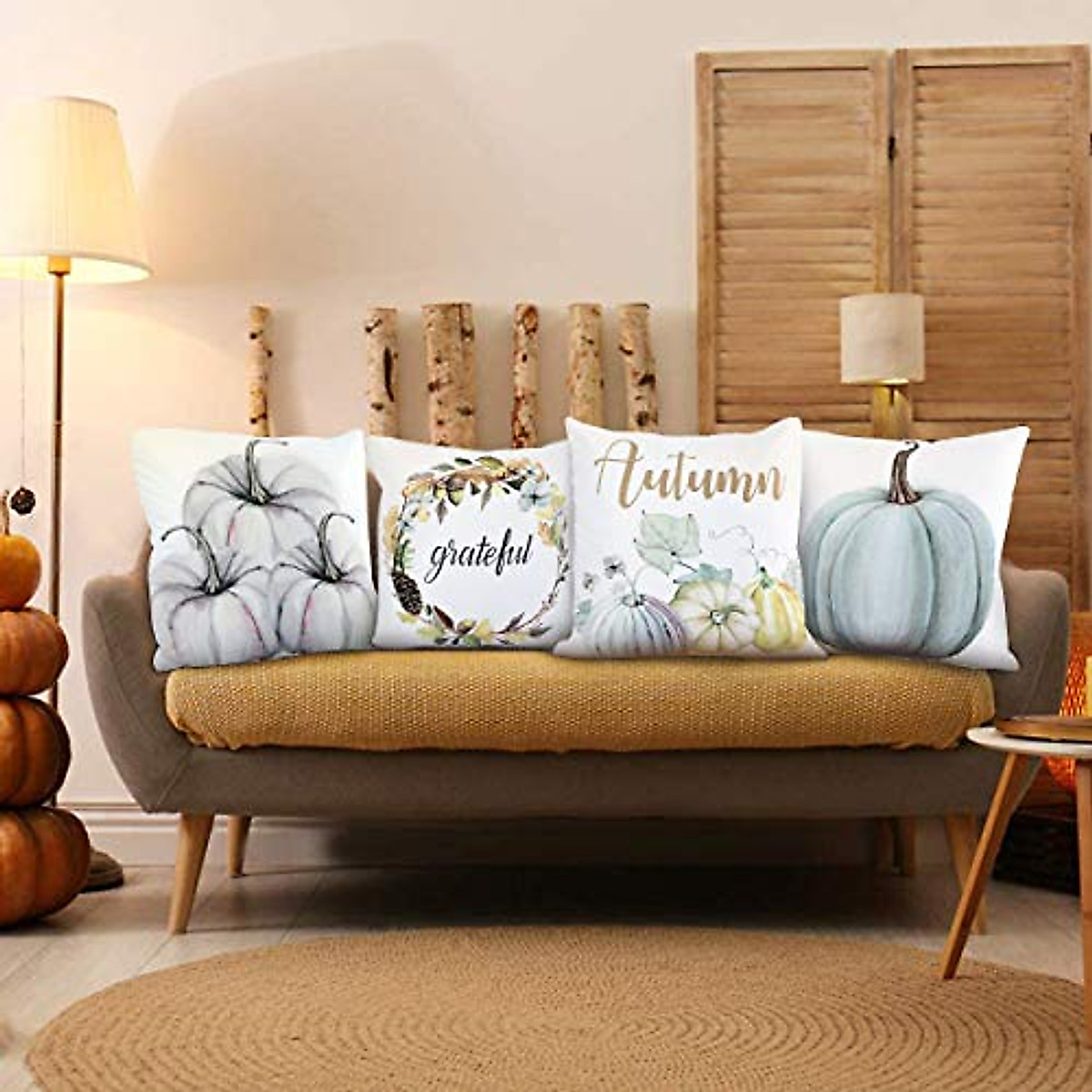 Yastouay Autumn Throw Pillow Cover Decorations Pumpkin Cushion Couch Cover Pillow Cases Set of 4 for Autumn Thanksgiving Day (Blue-Gray,18 X 18 Inch)