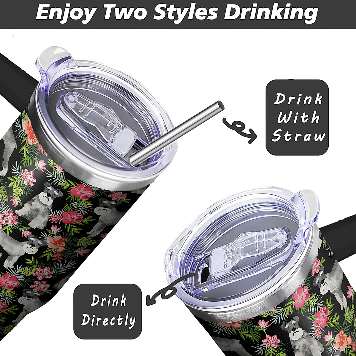 40 Oz Schnauzer Tumbler With Handle and Straw, Double Wall Stainless Steel Coffee Mug, Insulated Dog Dad or Mom Tumbler, Gifts for Women and Men