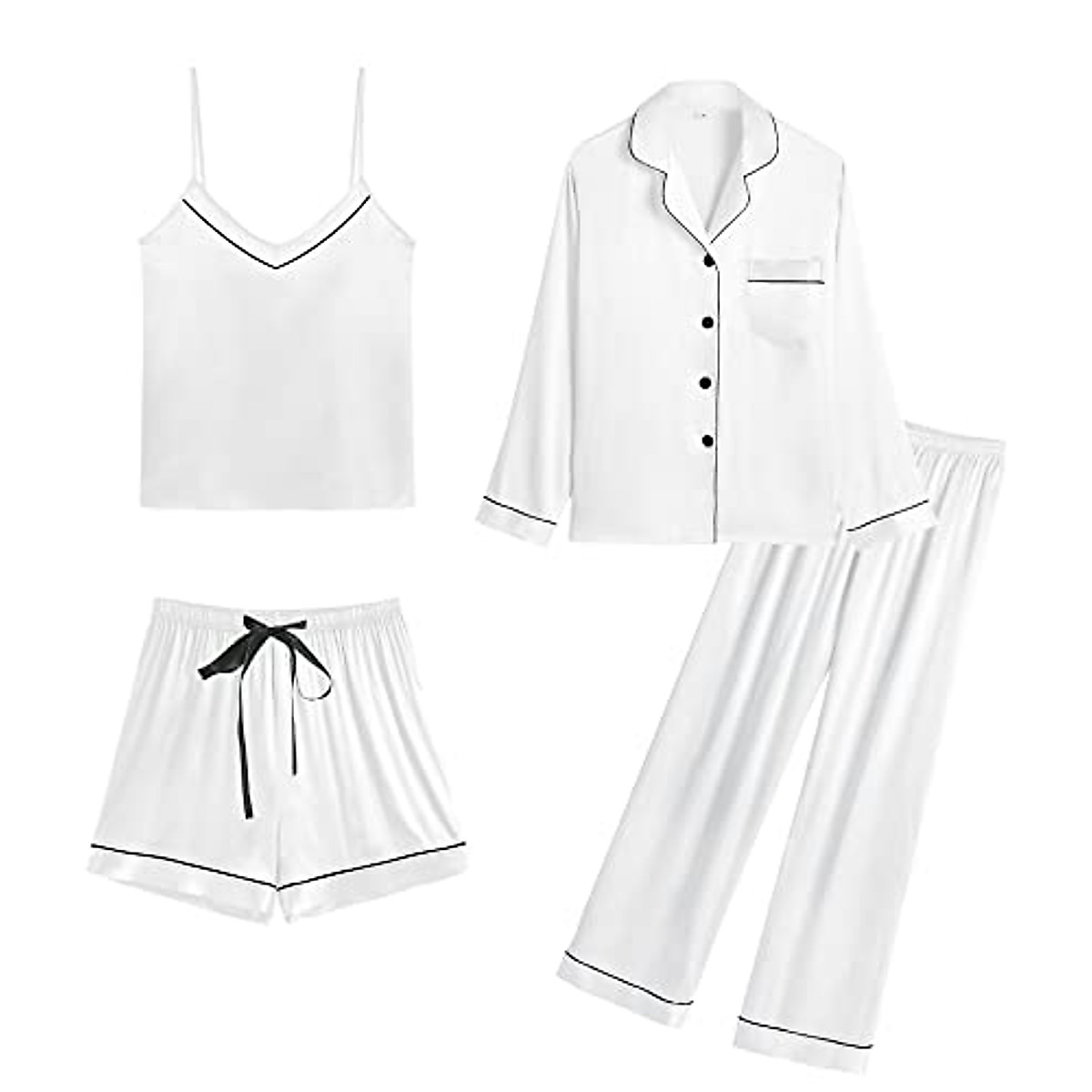 SWOMOG Women's 4pcs Satin Silky Pajama Set Long Sleeve Button Top with Long Pant White