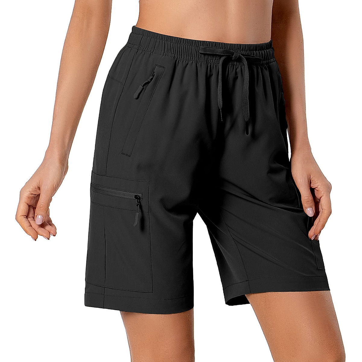 Women's Lightweight Hiking Cargo Shorts Quick Dry Athletic Shorts for Camping Travel Golf with Zipper Pockets Water Resistant Black