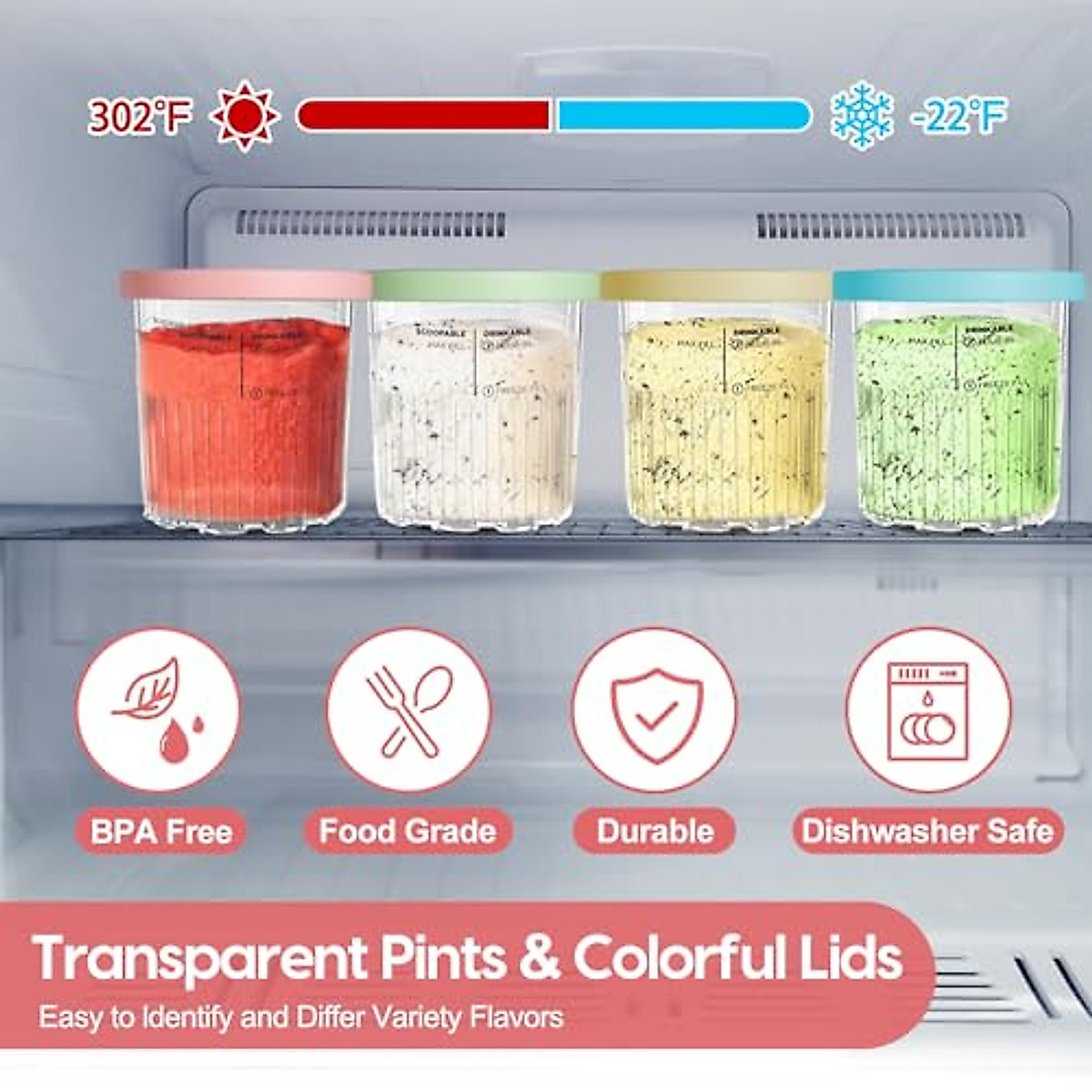 Turgorl NC500 NC501 Ice Cream Pint for Ninja Creami Deluxe Pints and Lids 4 Pack, 24 oz. food container for Ninja Delux Ice Cream Maker (Blue,Pink,Yellow,Green)