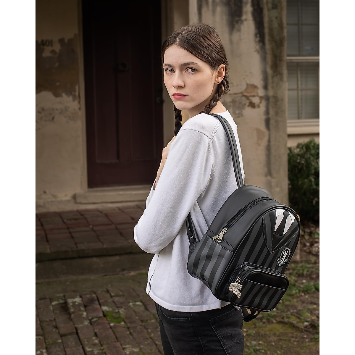 AI ACCESSORY INNOVATIONS Wednesday Nevermore Uniform Vegan Leather Cosplay Mini Backpack Purse, 10.5 Inches, Black