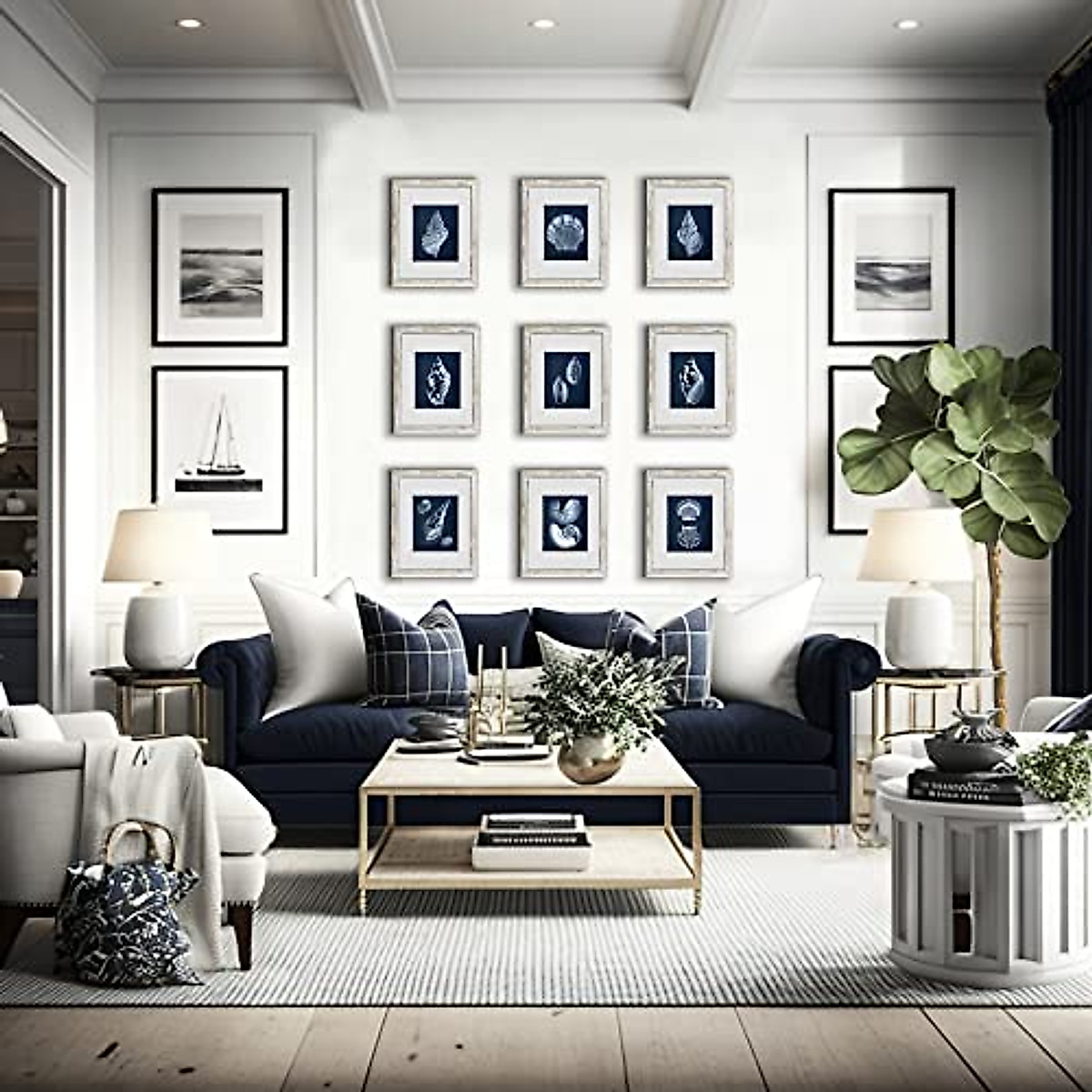 Gnosis Picture Archive Seashells Wall Decor set of 9 Unframed ArtPrints, Navy Blue and White Coastal Wall Decor, Hamptons Style, Coastal Grandma Home Decor Gift