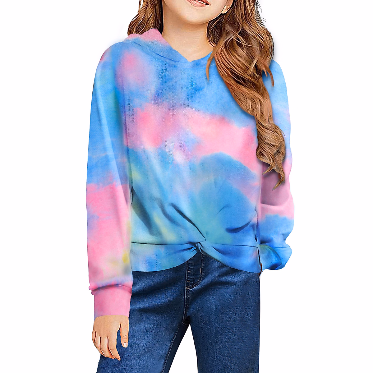 Hopeac Girls Casual Twist Front Sweatshirt Tie Dye Printed Long Sleeve Crop Tops Pullover