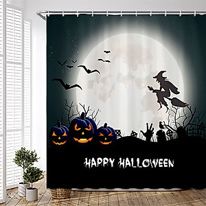 PZMPZM Halloween Shower Curtain Witch Pumpkin Lanterns Full Moon Tombstone Bats Crow Pattern Party Backdrop Cloth Bathroom Polyester Fabric Curtains with Hooks 70Wx70H inch