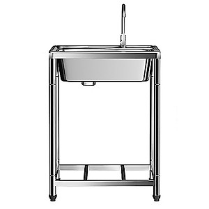 Stainless Steel Utility Sink Single Bowl Outdoor Garden Sink Freestanding Commercial Restaurant Sink Anti-overflow With Faucet Drain Basket Shelf Towel Bar For Kitchen Laundry Room Garage