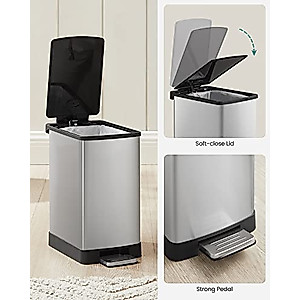 SONGMICS Bathroom Trash Can, 1.5 Gallon (5.7L) Garbage Can with 15 Trash Bags, Stainless Steel Step Bin, Removable Inner Bucket with a Metal Handle, Soft Closure, Silver and Black ULTB105E01