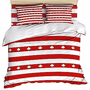 Queen Comforter Covers Sets Happy Canada Day 4 Piece Duvet Cover Set Lightweight Microfiber Soft Bedding Set for Adult Teen, Red Striped Maple Leaves