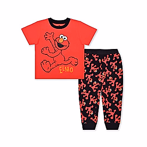 Sesame Street Elmo Boys’ Short Sleeve T-Shirt and Jogger Pants Set for Infant and Toddler – Black/Red
