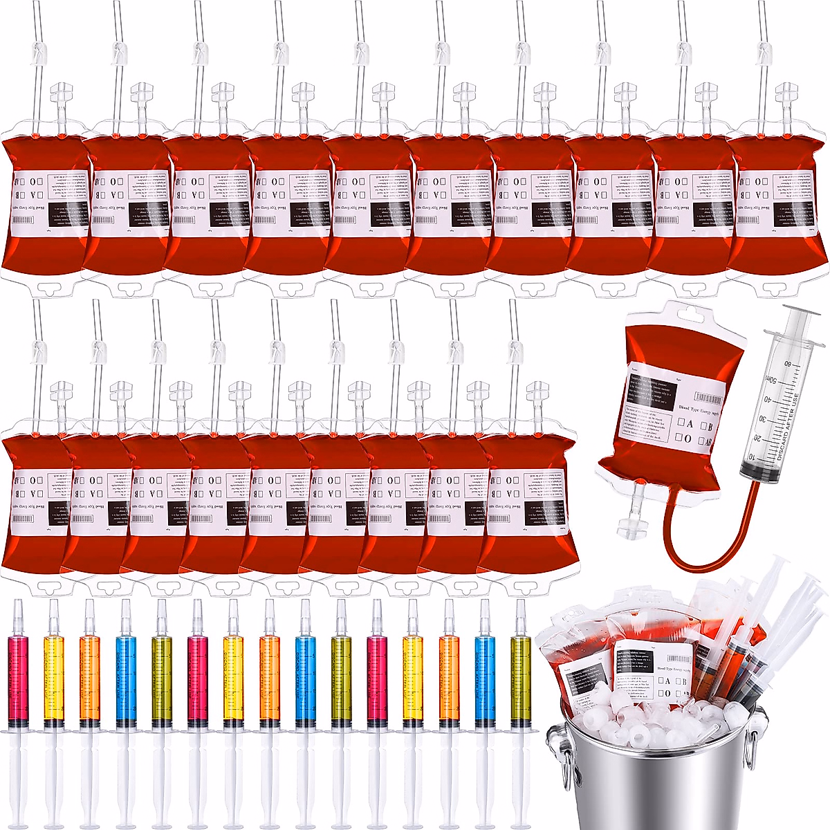 Jerify 36 Pcs Blood Bag Set 20 Pcs IV Bags Pouches 15 Pack Jelly Syringes and Injection Syringe for Halloween Gag Gift Graduation Zombie Vampire, Reusable Party Cups Container