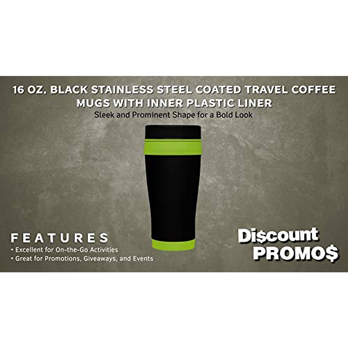 DISCOUNT PROMOS 16 oz. Black Steel Travel Coffee Mugs - 10 pack - Lime Green