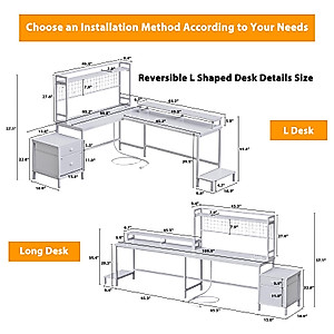 Furologee White L Shaped Gaming Desk with LED Strips and Power Outlets, 64" Reversible L Computer Office Desk with Pegboard and Fabric File Drawer, Coner Desk with Monitor Stand and Hutch