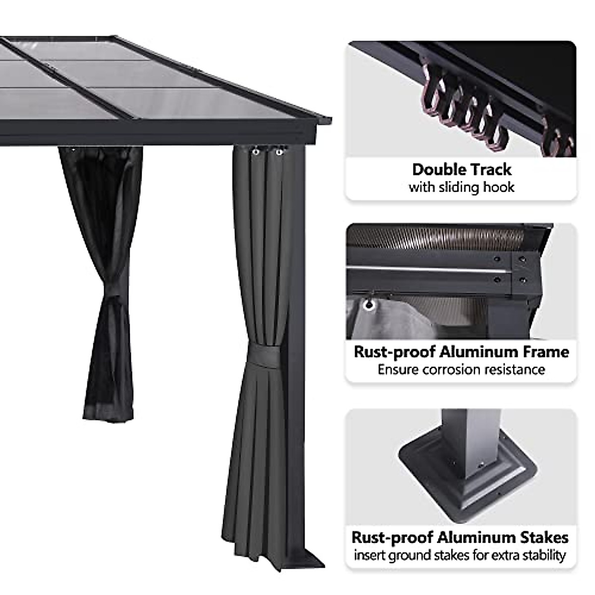 GARTOO 10' x 13' Outdoor Wall-Mounted Hardtop Gazebo, Aluminum Frame Pergola Sunroom with Sloping Polycarbonate Roof & Double Curtains for Garden, Lawn, Party, Deck