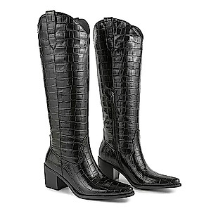 Pasuot Knee High Boots for Women - Black Wide Calf Crocodile Print Cowboy Boots with Side Zipper, Pointed Toe Chunky Low Heel Retro Fashion Tall Cowgirl Boot Pull On for Ladies Fall Winter US 6