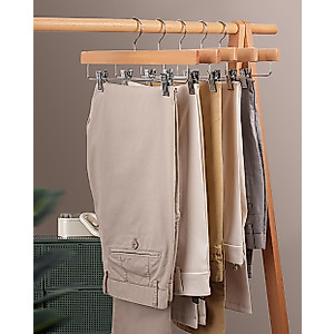 Wooden Pants Hangers, Solid Wood Bottom Jeans Skirt Hanger with 2-Adjustable Clips Anti Rust Hook Pack of 10 (Natural)-HL01NP