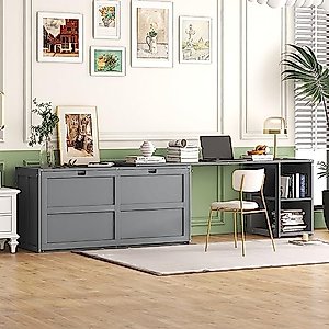 Merax Murphy Bed Queen Size, Murphy Cabinet Bed with Rotatable Desk and Shelves, Gray