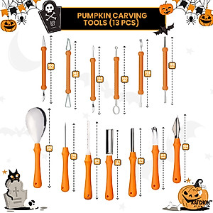 KatchOn, Professional Pumpkin Carving Kits - Pack of 31 | Halloween Pumpkin Carving Tools, 13 Pcs Heavy Duty Stainless Steel | 18 Pcs Pumpkin Carving Stencils for Halloween Decorations Jack-O-Lanterns