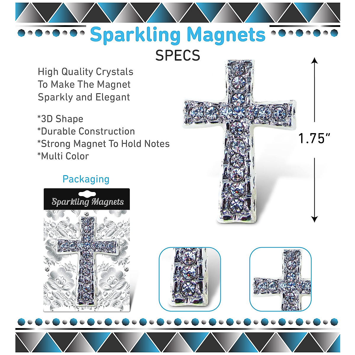 COTA Global Cross Sparkling Refrigerator Magnet - Silver Sparkling Rhinestones Crystals, Cute Religious & Inspirational Magnet for Kitchen Fridge, Locker, Home Decor, Cool Office Novelty - 1.75 Inch