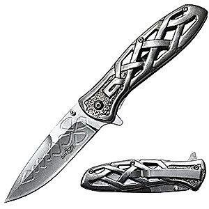 Rtek 4.25" Metal Handle Celtic Ring Folding Knife with Belt Clip, Designed Etched Blade, Heavy Duty Traditional Folding Knife for Outdoor, Survival, EDC, Camping, and Everyday Carry, Gifts for Men (Silver)