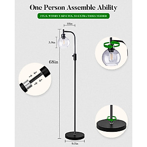 bulbeats 68IN Industrial Floor Lamp, Dimmable (Brightness Adjustable) Standing Tall Lamps for Living Room, Modern Floor Lamp with Grey Glass Shade, Bulb Included, Farmhouse Mid Century Decor