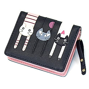 SUMGOGO Small Wallet for Women Cute Cat Pendant Card Holder Organizer Girls Front Pocket Coin Purse Leather (B-Black)
