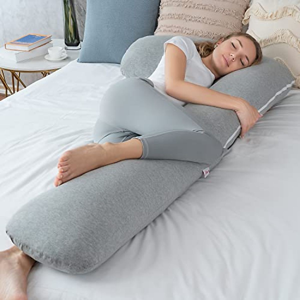 AngQi Body Pregnancy Pillow with Jersey Cover, L Shaped Full Body Pillow for Pregnant Women and Side Sleeping