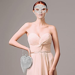 Amylove Heart Shape Tassel Evening Clutch Bag Silver Masquerade Tassel Mask Chain for Women Rhinestone Purse Face Jewelry for Wedding Party Cosplay