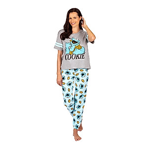 Prestigez Cookie Monster Women's Pajama 2 piece Set, includes Tee and Sleep Pants, Gray/Blue, Size Medium