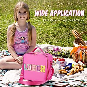 Lunch Bag for Women, Insulated Lunch Box for Girls, Personalized Preppy Lunch Box with Adjustable Shoulder Strap, Reusable Lunch Tote Bag with Letter for Kids Adult, School Office Picnic(rosy red)