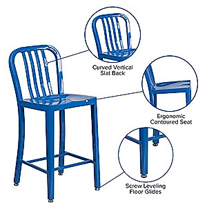 EMMA + OLIVER Commercial Grade 24" H Blue Metal Indoor-Outdoor Counter Stool w/ Slat Back