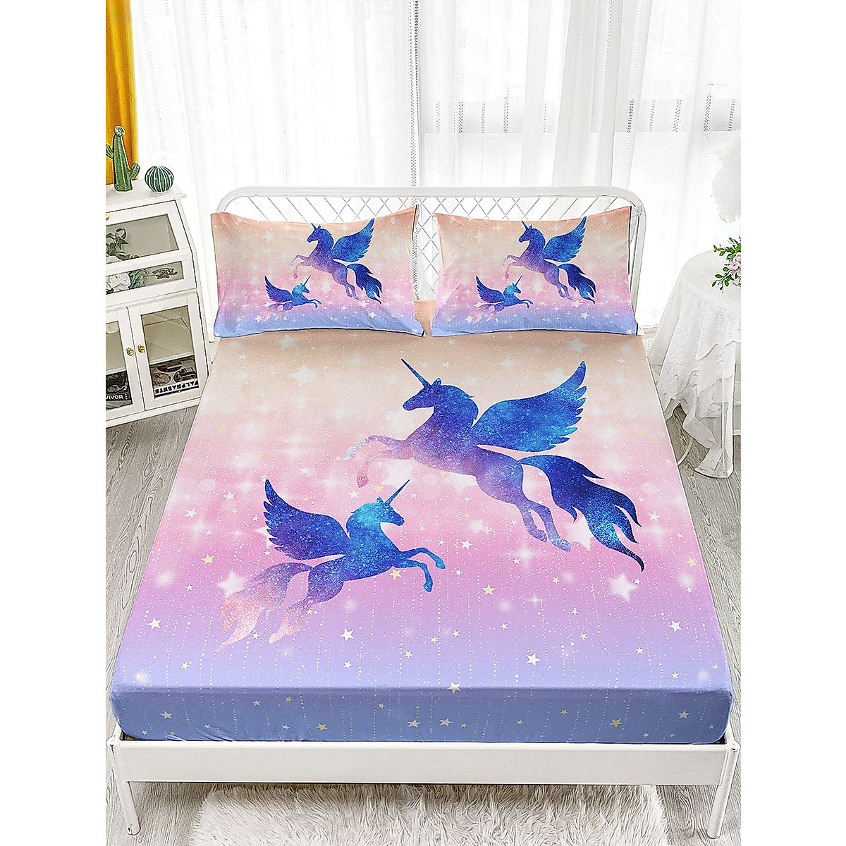 Datura home Bedding Fitted Sheet and Flat Sheet Set 4Pcs Starry Sky Unicorn Printed Bedding Set with 1 Flat Sheet and 1 Fitted Sheet + 2 Pillowcases for Girls (Starry Sky Unicorn Full),Full 81x97 in