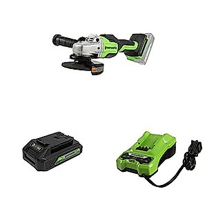 GreenWorks 24V Brushless Cordless 5" Angle Grinder, 10500rpm, 2-Position Auxiliary Handle, Electric Brake, Grinding Wheel, 2.0Ah USB Battery and Charger Included