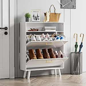 Wananlanen White Shoe Storage Cabient with 2 Flip Drawer, Narrow Freestanding White Shoe Organizer Cabinet, Modern Shoe Racks with Open Shelves for Entryway