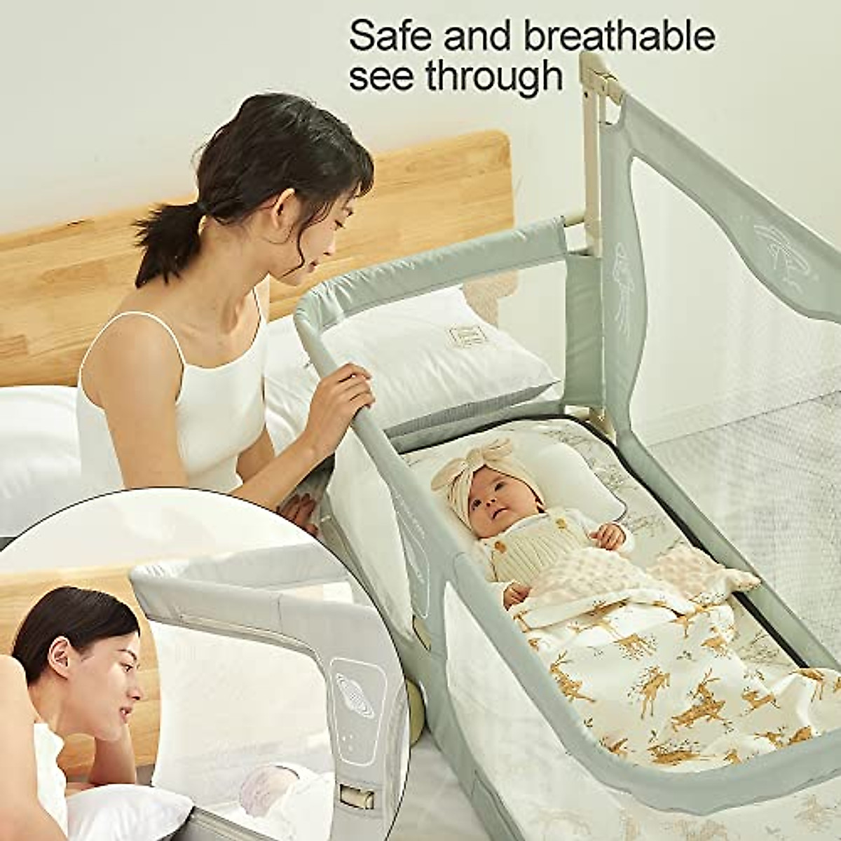 SRDCAIM 3 in 1 Baby Bedside Sleeper, Bed Side Baby Bassinet,Portable Crib,Breathable and Visible mesh Window,Soft Washable Liner Cover and Sturdy Aluminum Alloy,Baby bassinets Bedside Sleeper