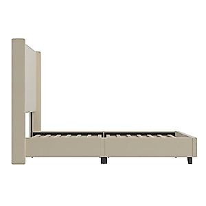 BizChair King Upholstered Platform Bed with Channel Stitched Wingback Headboard, Mattress Foundation with Slatted Supports, No Box Spring Needed, Beige
