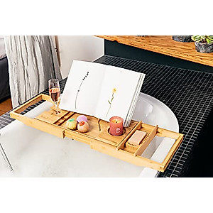 TranquilBeauty Premium Bath Caddy | Bath Board with iPad, Tablet, and Phone Stand | Extendable Wooden Tray Bath Rack
