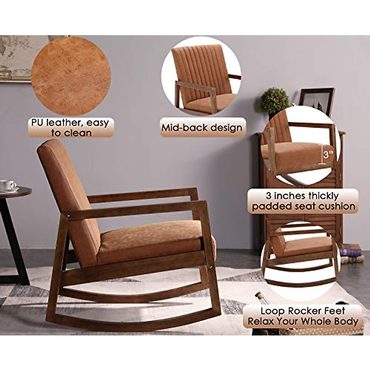 CIMOTA Leather Modern Rocking Chair Mid Century Armchair Upholstered Arm Chair with Padded Seat/Wood Frame, Comfy Rocker for Living Room/Bedroom, Retro Brown PU