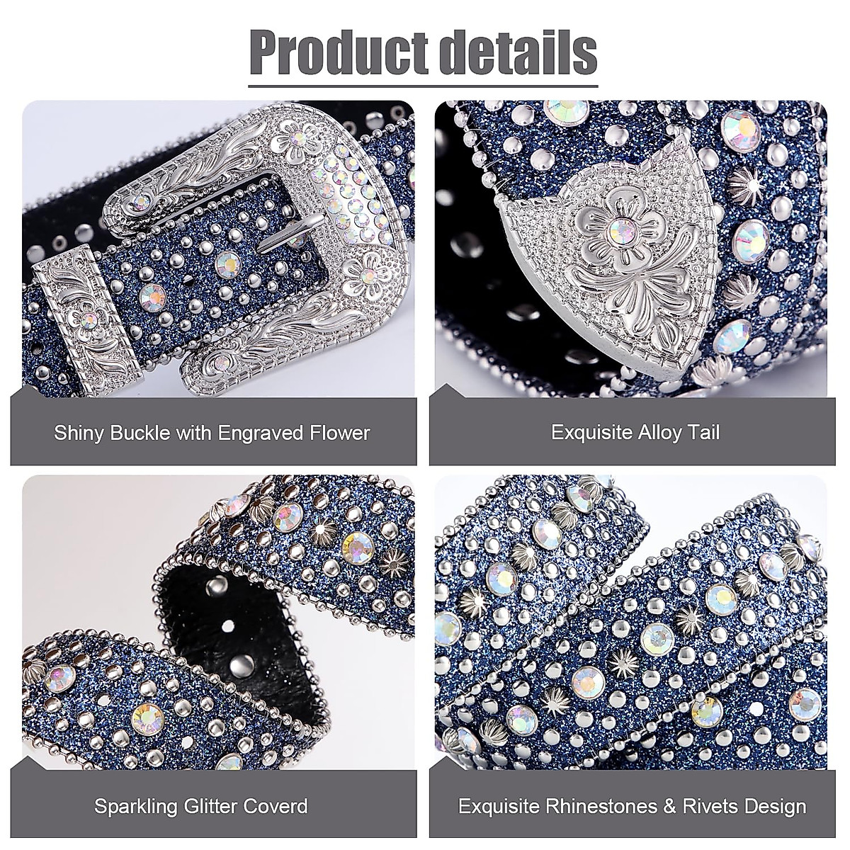 FIORETTO Men Women Rhinestone Belt Western Studded Leather Belt Shine Crystal Bling Diamond Cowgirl Cowboy Waist Belt for Jeans Pants Blue