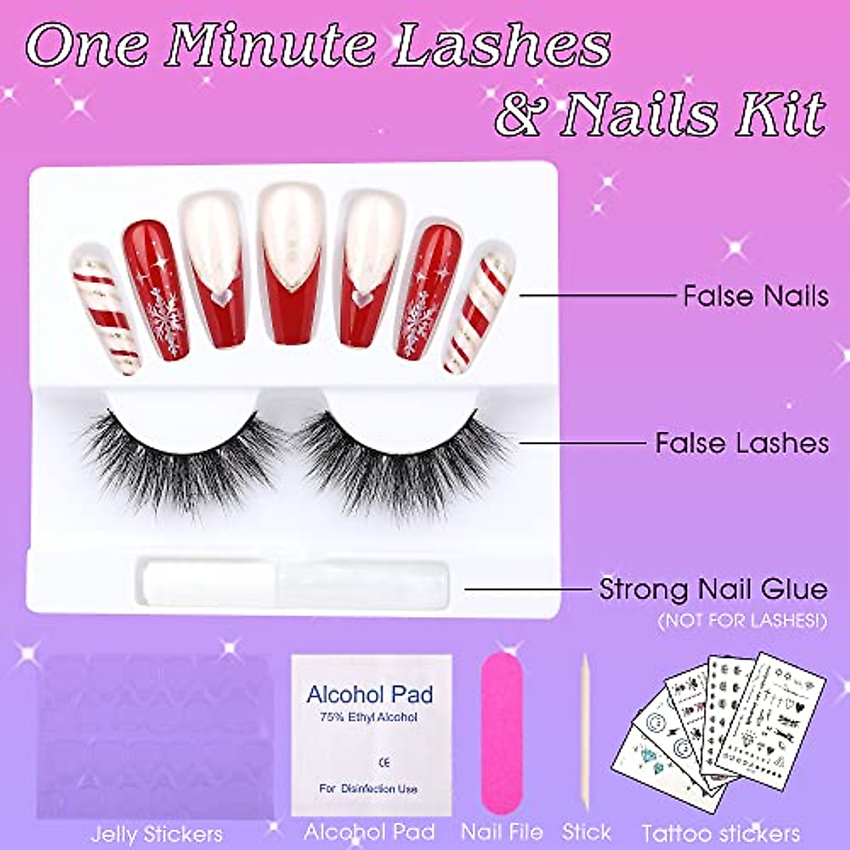 Press on Nails and Lashes Kit, ALPHONSE 24Pcs Long Coffin Fake Nails with Tattoo, Fluffy Wispy Lashes Natural Look False Eyelashes Pack
