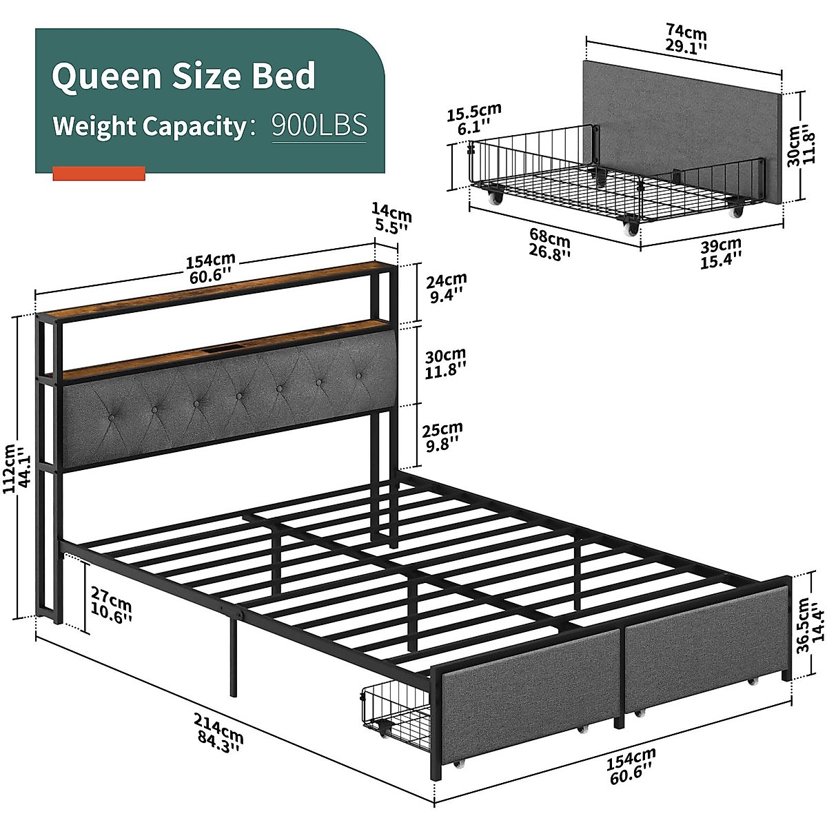 Yoobure Queen Size Bed Frame, Metal Platform Bed Frame Queen Size with Headboard, Noise Free Bed Frames with Storage Drawers, Bedframe with Charging Station LED Light, Heavy Duty, No Box Spring Needed