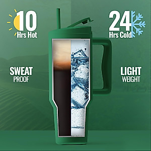 Euforia 40 Oz Tumbler with Handle and Straw Lid - 100% Leak Proof, 2-in-1 Lid, Keeps Cold for 24 Hours & Hot for 10 Hours - Fits in Car Cup Holders, Reusable Stainless Steel Water Bottle - Green