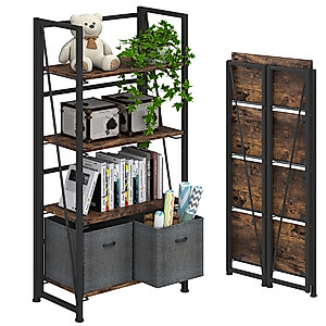4NM No-Assembly Folding Bookshelf Storage Shelves 4 Tiers Vintage Bookcase Standing Racks Study Organizer Home Office (Rustic Brown and Black)