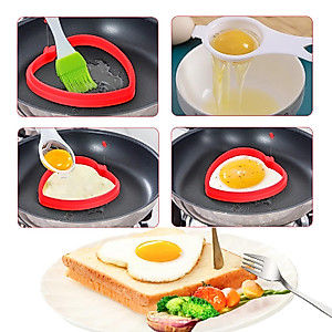 Egg Ring Heart Mold 2PCS Reusable Silicone Egg Pancake Ring Heart Mold With Brush & Scraper & Egg Separator Makes Perfect Shaped Pancakes and Eggs