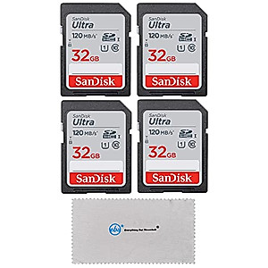 SanDisk 32GB Ultra SD Memory Card (4 Pack) SDHC UHS-I Card 120 MB/s Class 10 (SDSDUN4-032G-GN6IN) Bundle with (1) Everything But Stromboli Micro Fiber Cloth