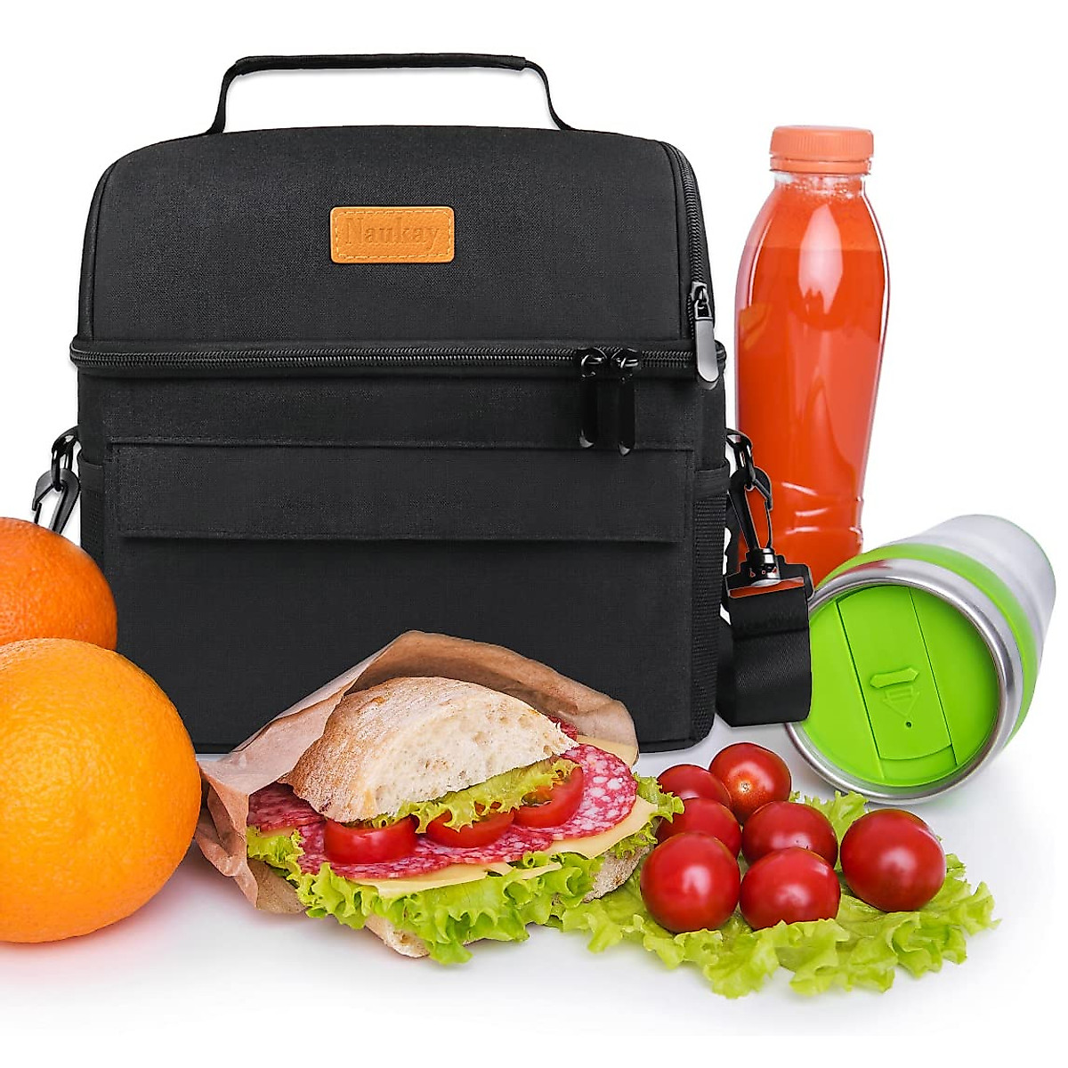 Dual Compartment Lunch Bag for Women Men, Reusable Insulated Lunch Bags Leakproof Large Lunch Box Cooler Tote Bag with Adjustable Shoulder Strap for Office Work School Picnic Hiking Beach Party, Black