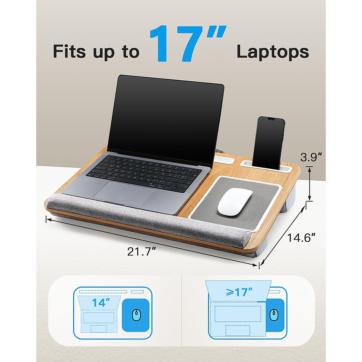 HUANUO Lap Desk - Fits up to 17 inches Laptop Desk, Built in Mouse Pad & Wrist Pad for Notebook, Laptop, Tablet, Laptop Stand with Tablet, Pen & Phone Holder (Wood Grain)