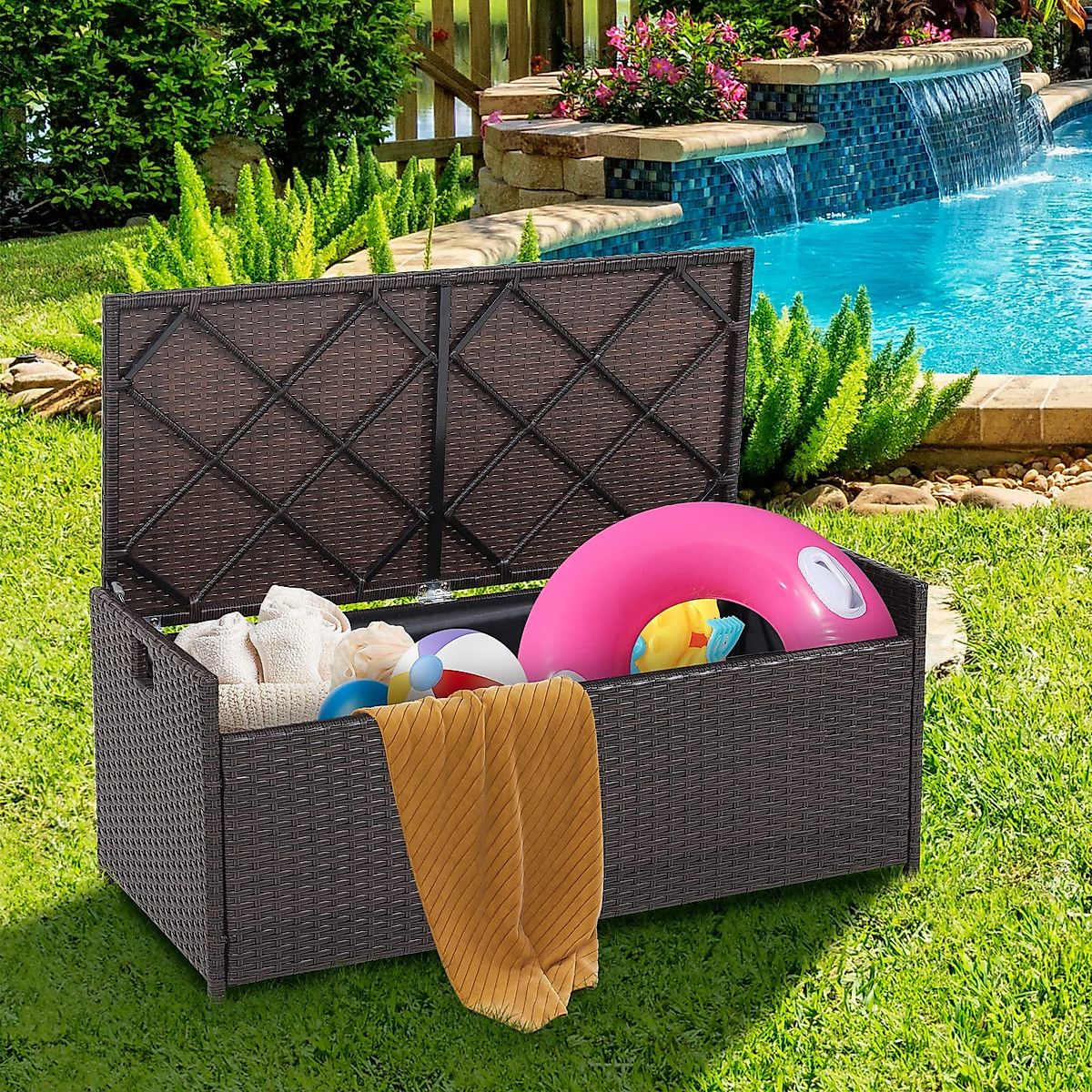 Tangkula 34 Gallon Outdoor Storage Bench with Seat Cushion, Patio Mix Brown Wicker Deck Box with Waterproof Liner and Side Handles, Outdoor Storage Bench for Cushions, Garden Tools, Pool Accessories